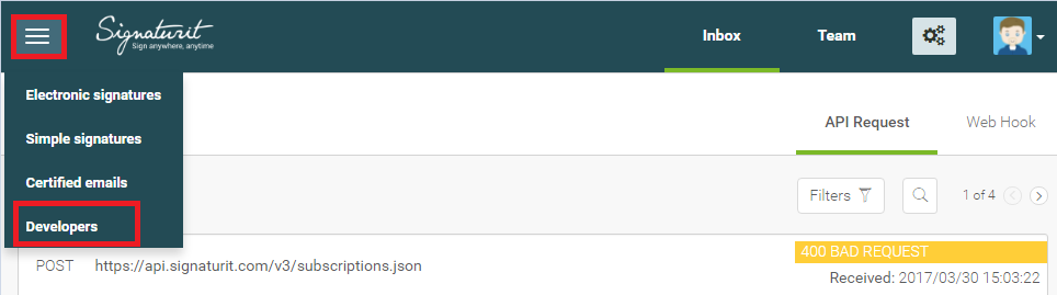 Access the Developer's Dashboard – Signaturit