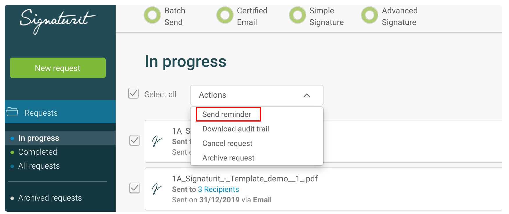 Send reminders for unsigned documents – Signaturit
